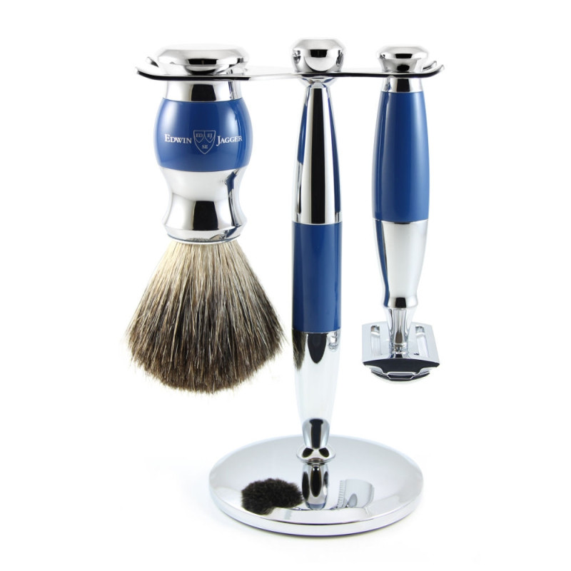 Edwin Jagger Double Edge Safety Razor Shaving Set Blue & Chrome 3pc ...